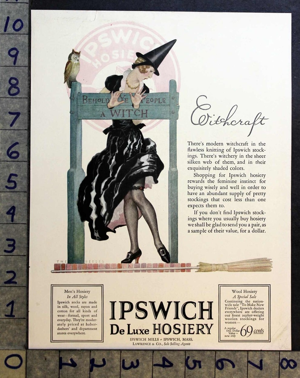 1925 IPSWICH HOSIERY FASHION HALLOWEEN WITCHCRAFT STOCKADE REESE ART AD ...