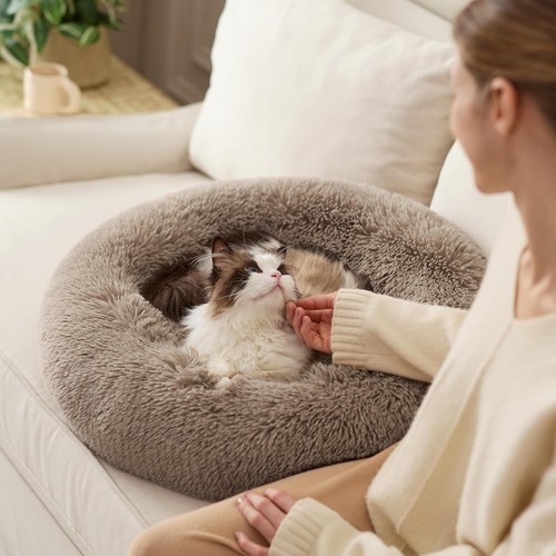 Fluffy Round Calming Cat Bed – Washable Anti Anxiety Pet Bed - Cats ...
