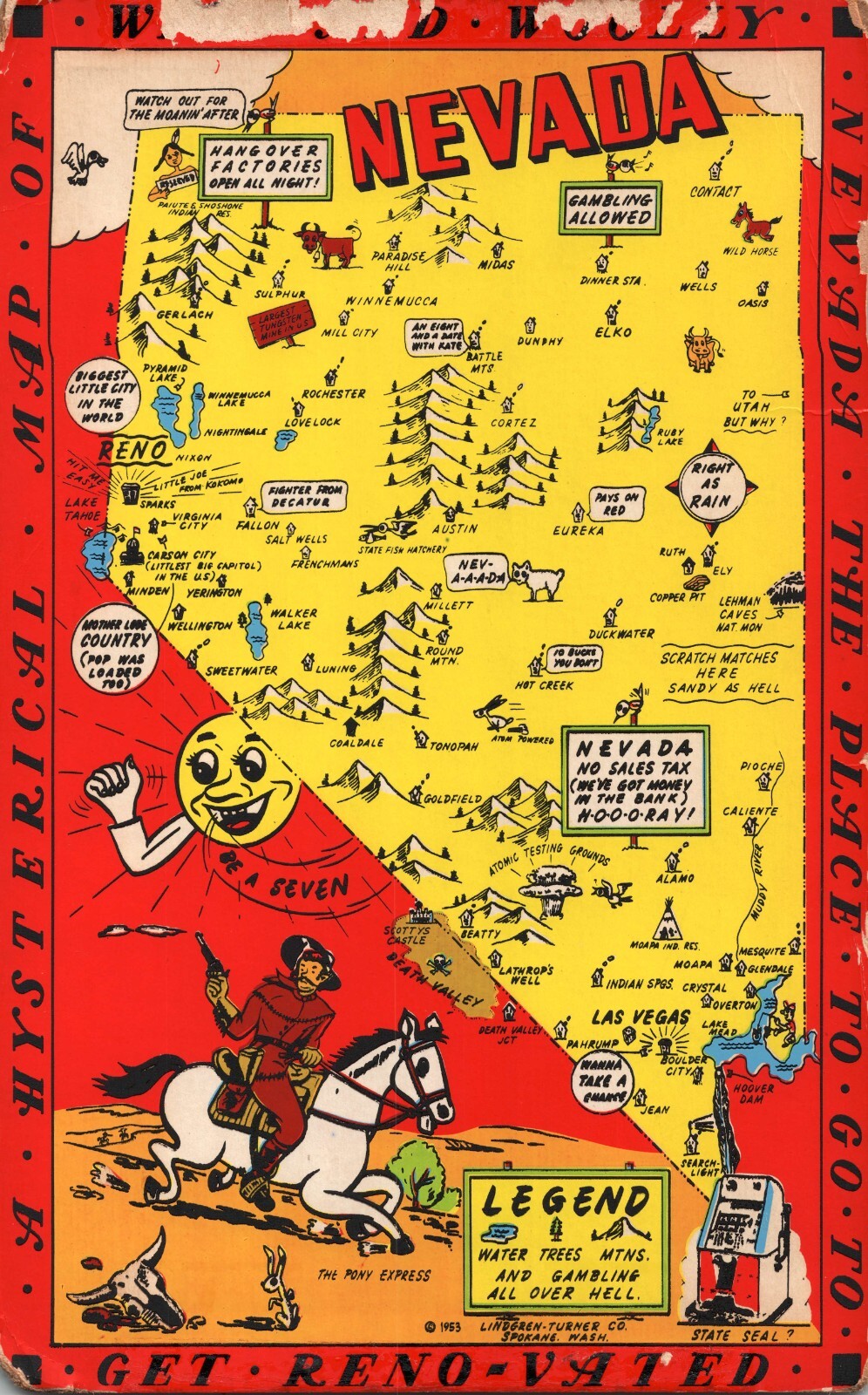 Nevada Map King Size Mapcard Vintage 1953 Large Postcard 8.5"x5.5" Pony ...