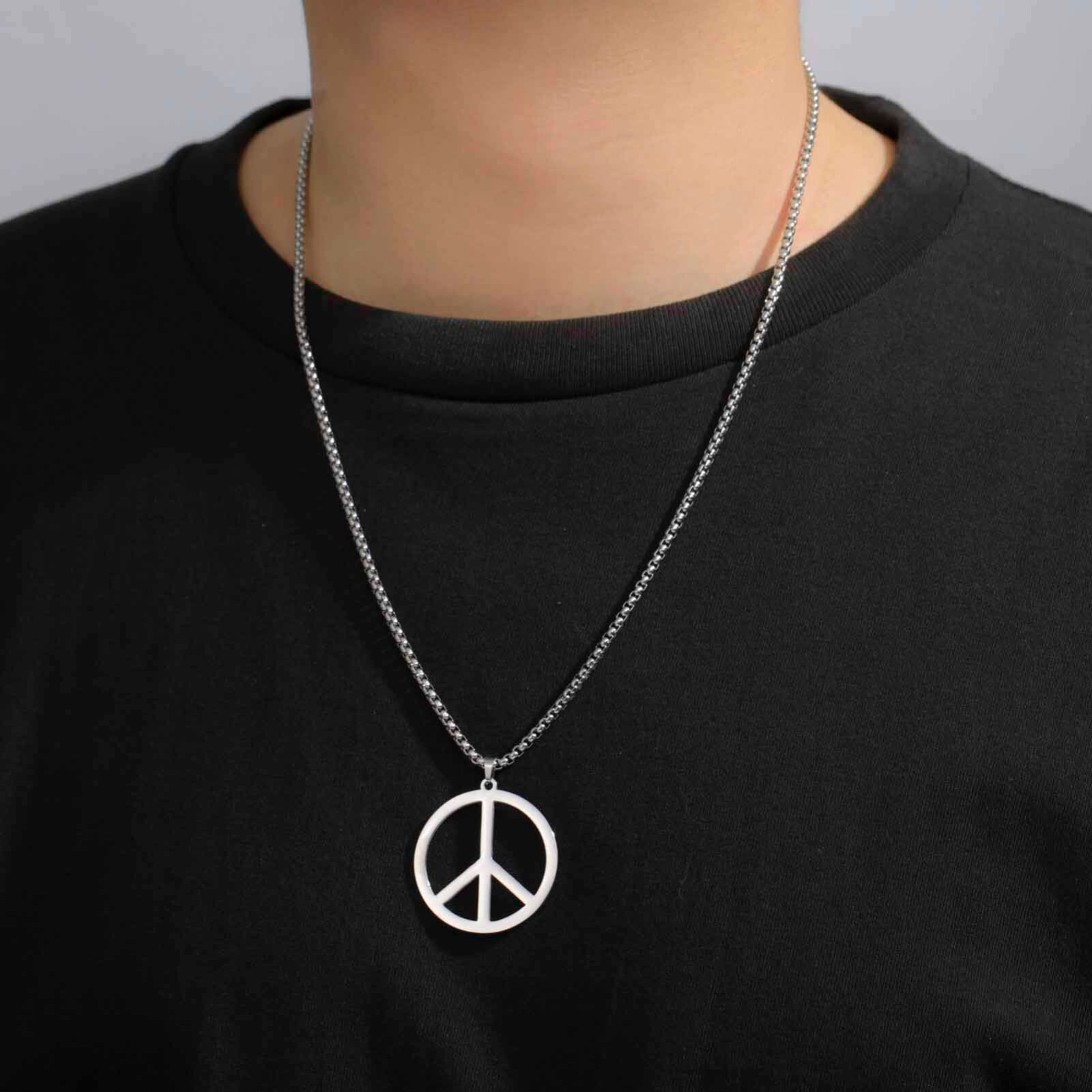 Peace Sign Necklace for Men Women Hippie Style Box Chain Stainless ...