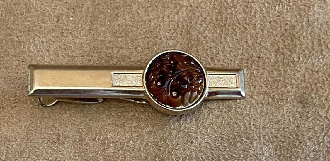 Hickok Tie Clip Amber medallion flowers center Gold Tone Vintage tack ...