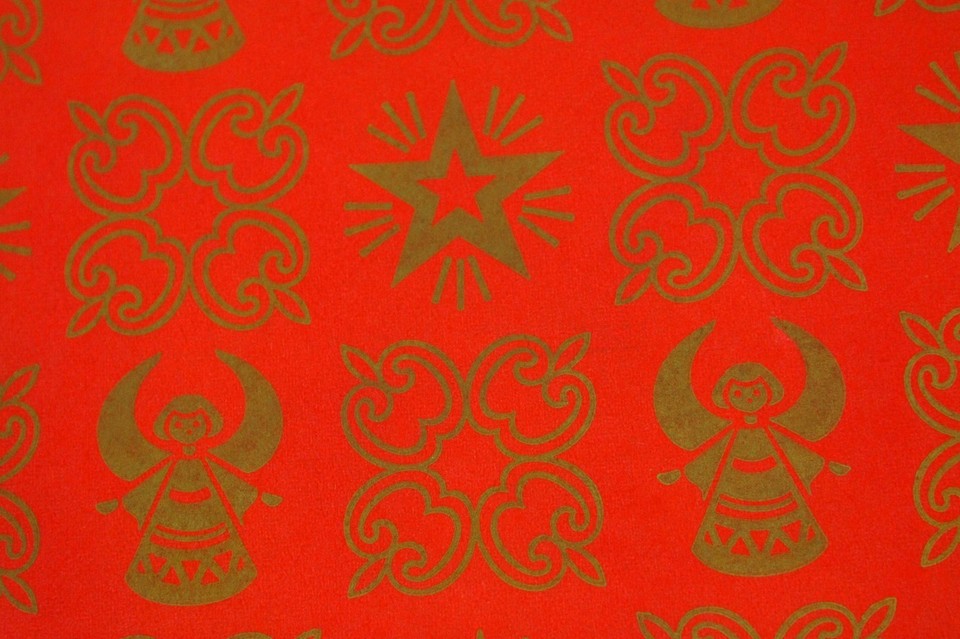 Vintage Christmas Gift Wrap Wrapping Paper Red Gold Stars Angels ...