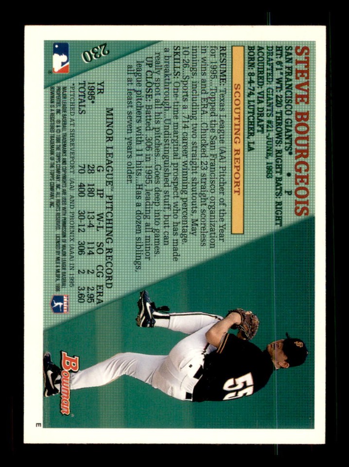 1996 Baseball Bowman Steve Bourgeois San Francisco Giants #230 RC4 | eBay