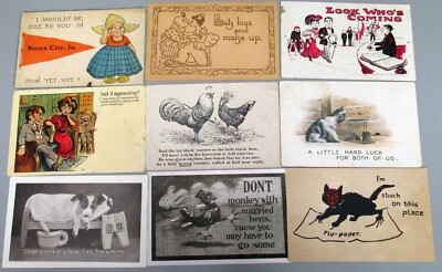 LOT (9) ANTIQUE PRE 1920s COMIC, HUMOROUS, CARTOON POSTCARDS, CONDITION ...