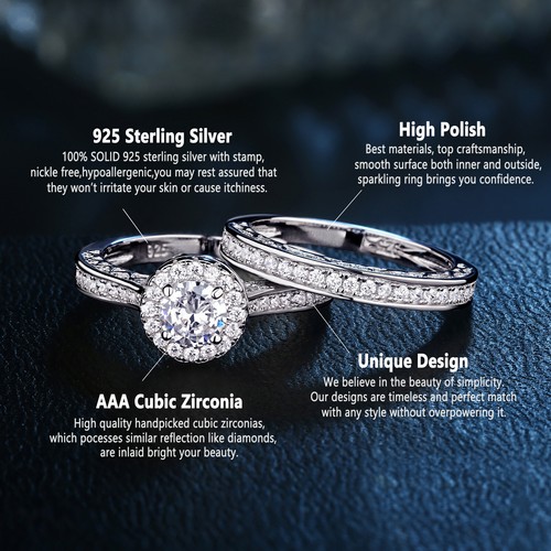 Wedding Rings for Women Engagement Ring Set 2ct Sterling Silver Round ...