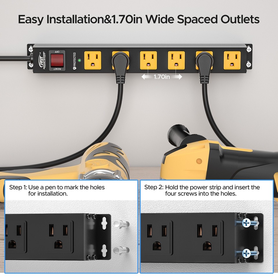6-Outlet Metal Long Power Strip 2100J Heavy Duty Surge Protector Power ...