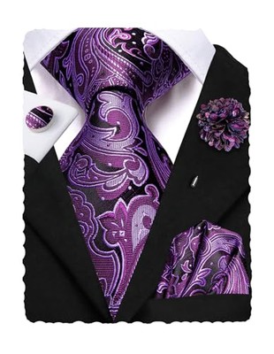Men's Tie Lapel Pin Set Pocket Square Cufflinks Formal Black Purple ...