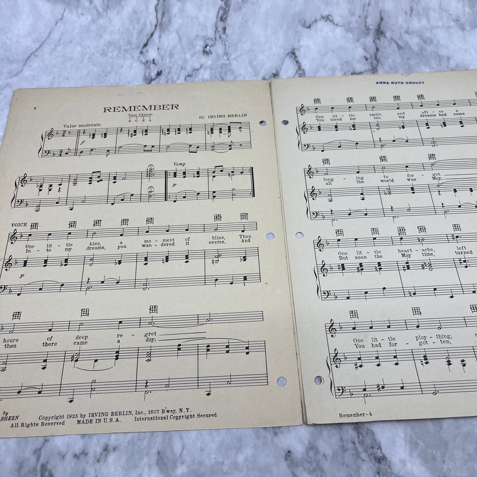 Vintage 1925 Irving Berlin's Remember Sheet Music Vintage Song Musical ...