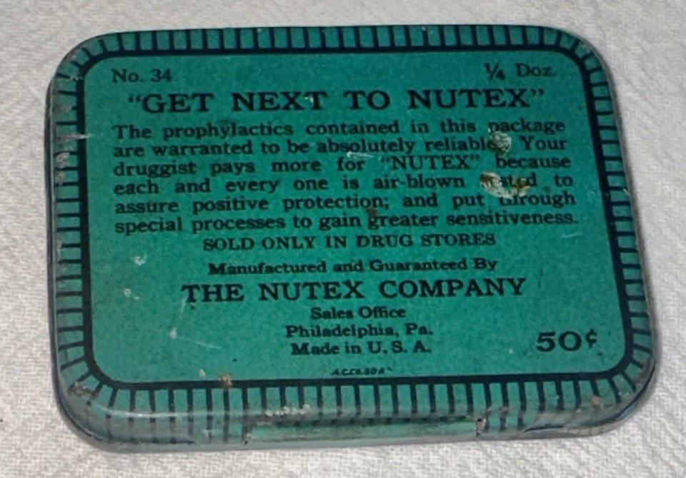 ANTIQUE RADIUM NUTEX CONDOM TIN LITHO CAN PROPHYLACTIC RUBBER DRUG ...