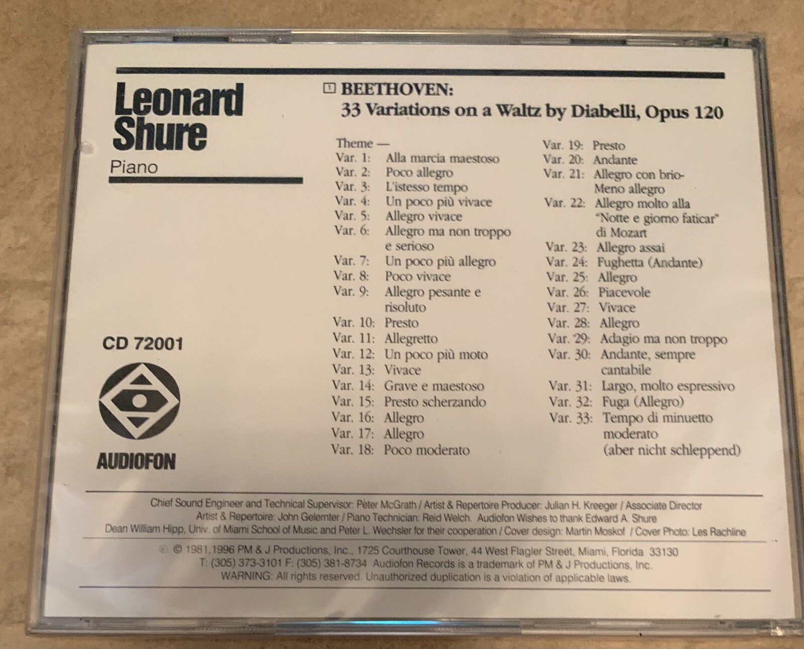 Leonard Shure Beethoven Piano Waltz Diabelli op 120 Audiofon CD in Case ...