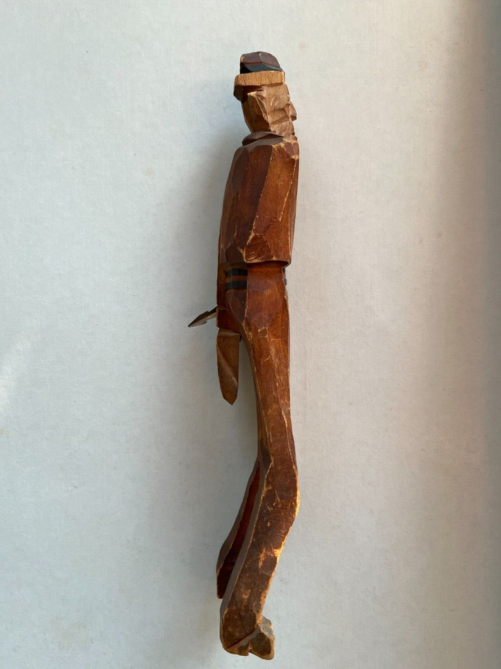 HAND CARVED WOOD SKINNY SLENDER MAN HOLDING KNIFE SCULPTURE WOODEN 9 1/ ...