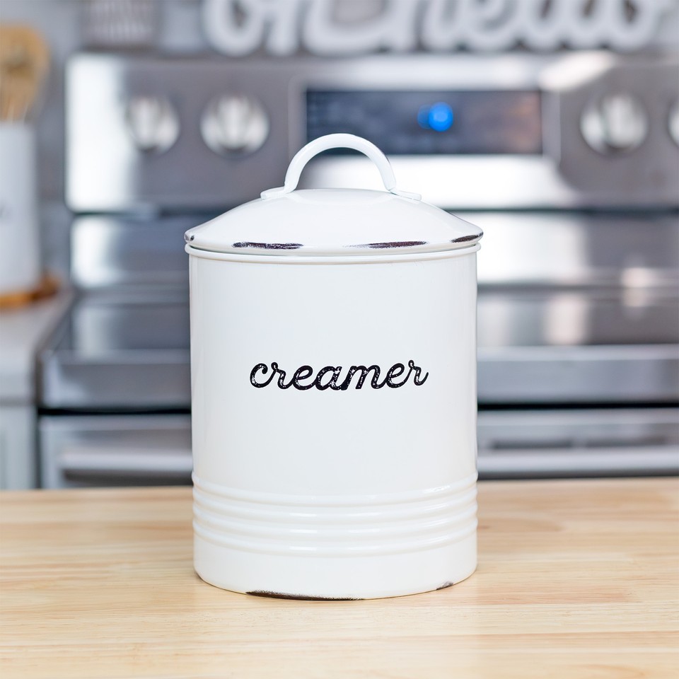 White Enamelware Creamer Canister, Rustic Distressed Farmhouse Style ...