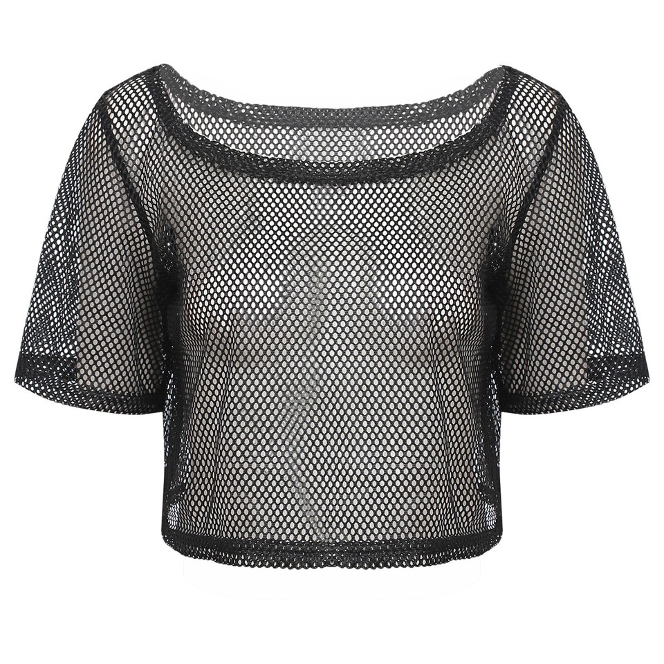 Womens Mesh Fishnet Tank Crop Tops Net See Through Club Short Sleeve T ...
