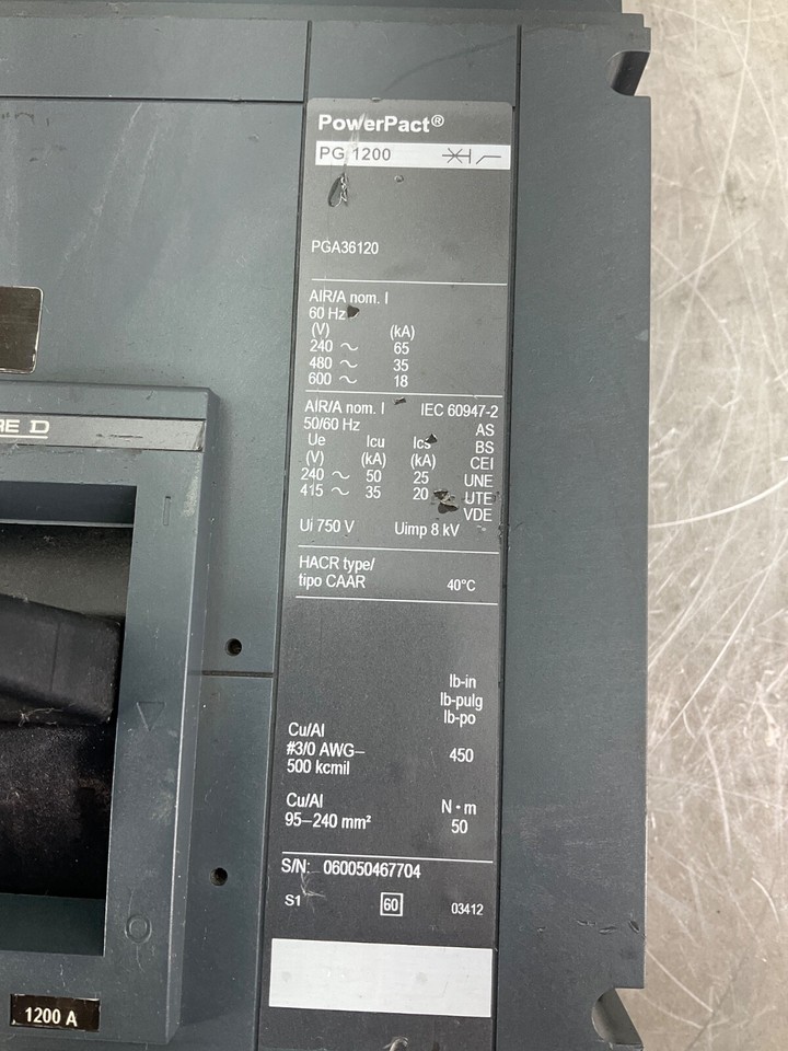 SQUARE D PGA36120 I-LINE POWERPACT CIRCUIT BREAKER 1200 A ET 1.01 ...