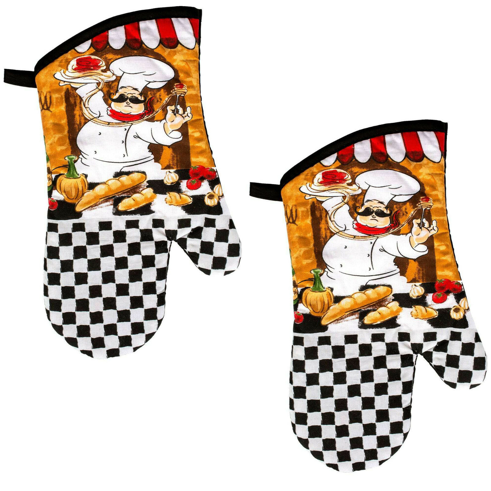 SET 2 Fabric Printed Kitchen Oven Mitts Mittens Gloves CHEF Black White ...