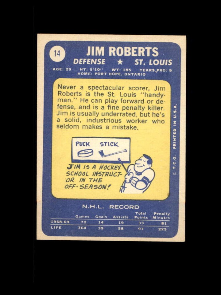 1969 Topps Hockey #014 Jim Roberts STARX 7 NM (LS808240) | eBay
