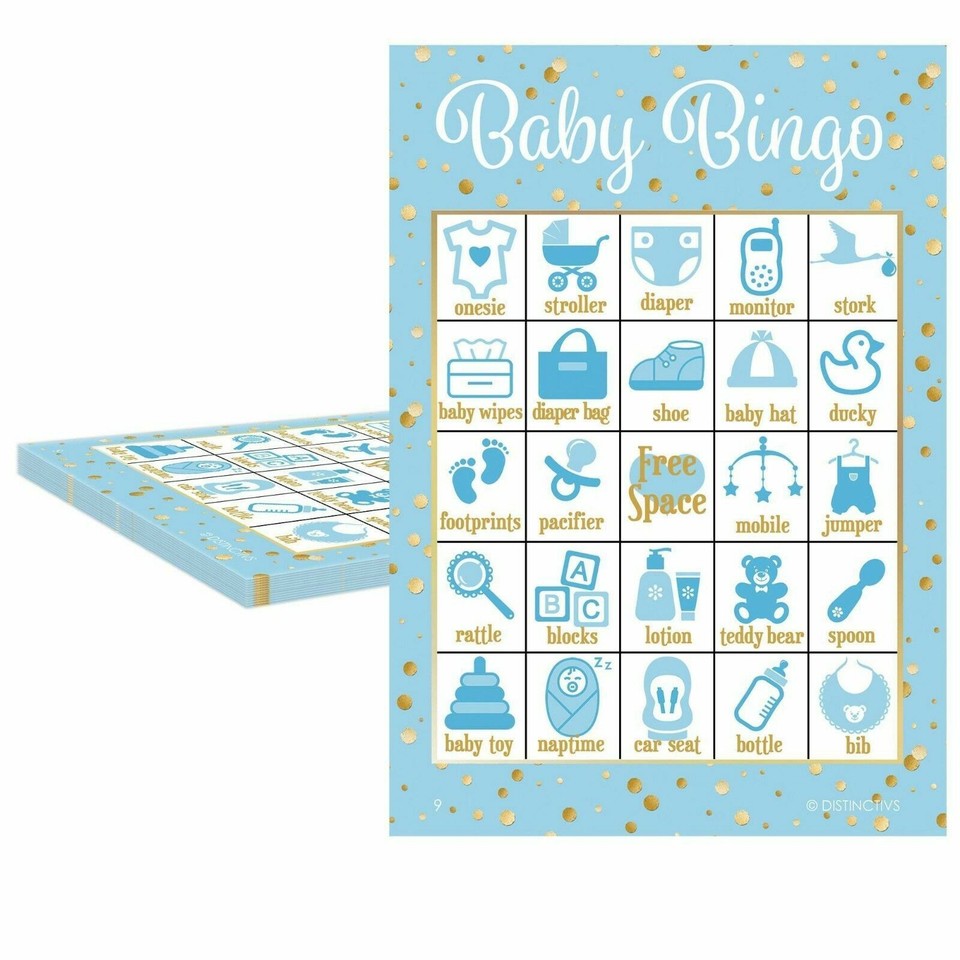 Its a Boy Baby Shower Bingo Game - Blue and Gold, 24 Guests Bingo Cards ...