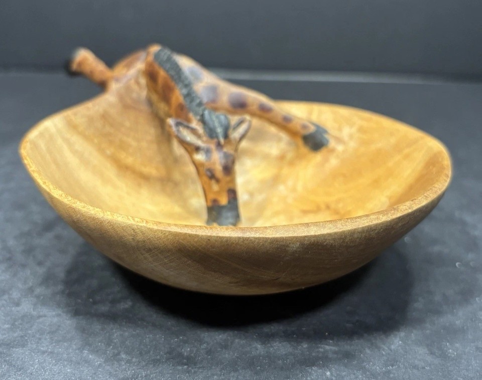 Giraffe Hand Carved Wood Bowl Giraffe Drinking Trinket Dish Art Piece ...