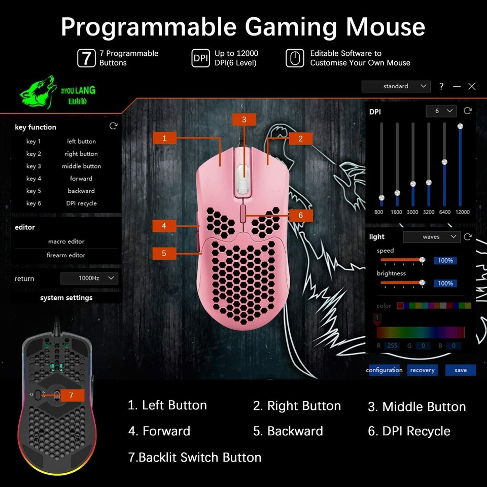 ZIYOULANG M1 65G Lightweight Wired Gaming Mouse RGB Programmable For PC ...