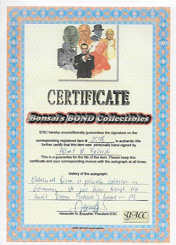 ALBER R. "CUBBY" BROCCOLI Producer of the James Bond films, signed ...