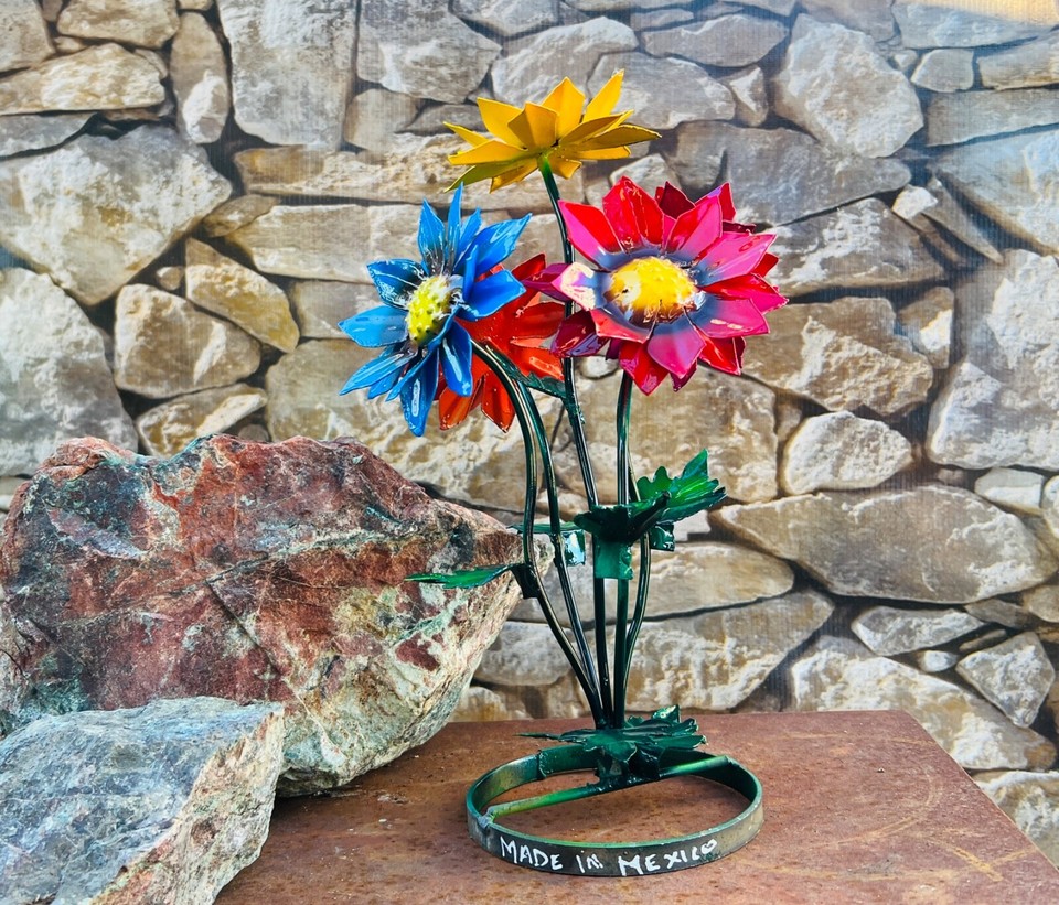 Handcrafted Rustic MINI Metal Flower Bouquet Vibrant Yard Art Flowers ...