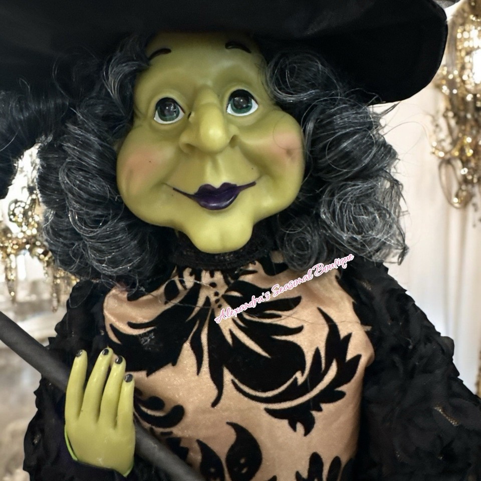 Green Face Halloween Witch Gold Dress W/ Glitter Broom Posable Shelf ...