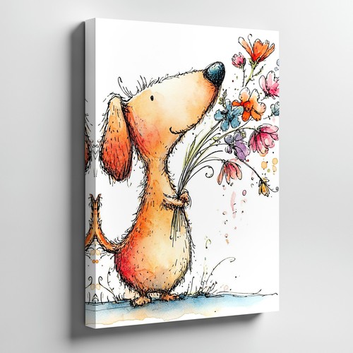 Cute Dog Holding Colorful Flowers Watercolor Canvas Wall Art For Kids ...