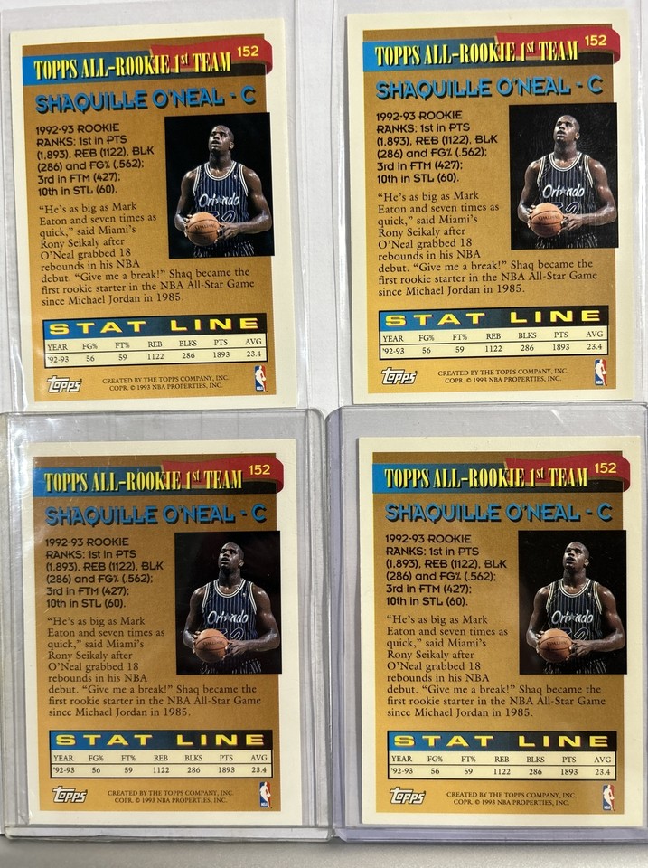 SHAQUILLE O’NEAL 1992-93 TOPPS ALL ROOKIE 1ST TEAM (4 CARD LOT ...