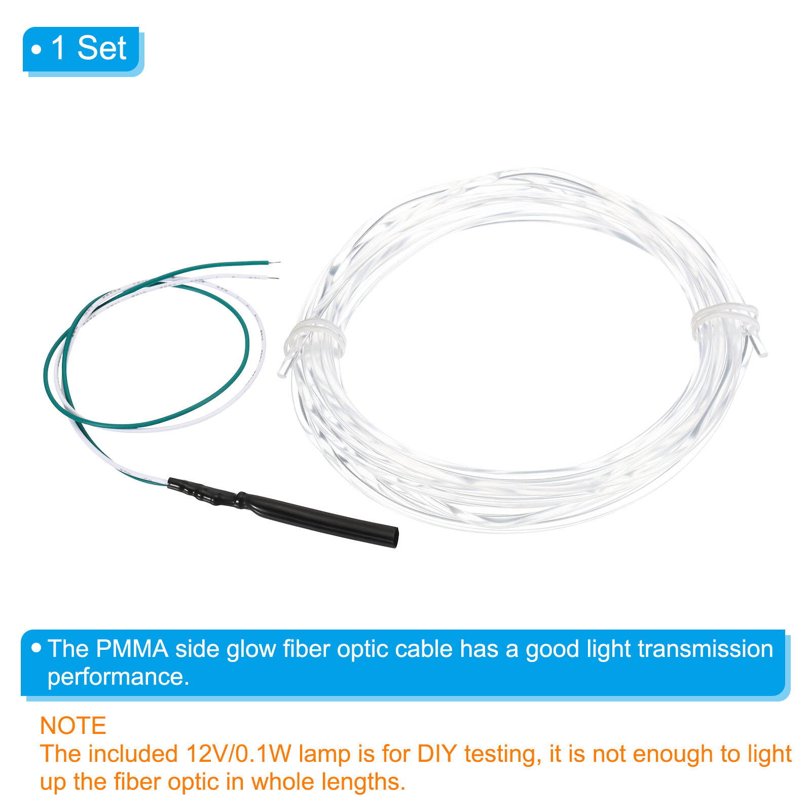 2.5mm 5m PMMA Side Glow Fiber Optic Cable Kit with 12V 0.1W Testing LED ...