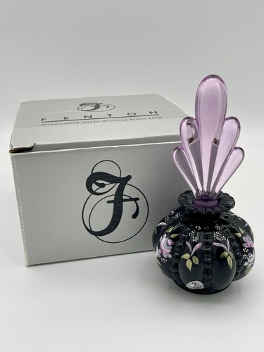 Fenton Glass Black Amethyst Floral Perfume Bottle & Purple Stopper W ...