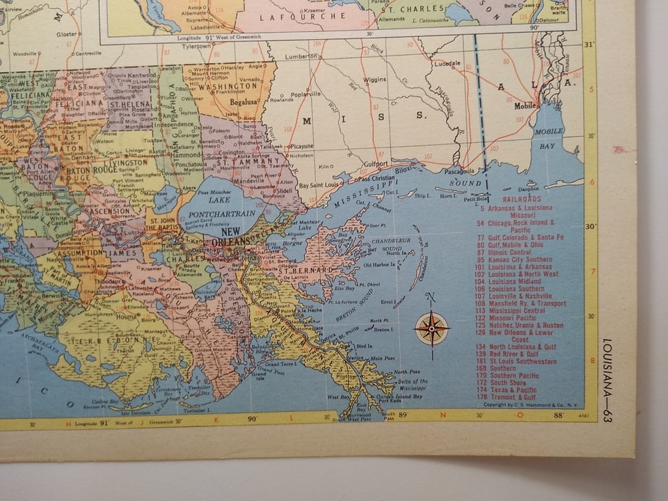 1955 Antique LOUISIANA Atlas Map - Vintage MCM Hammond's New Supreme ...
