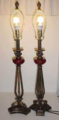 Pair Buffet Style Pull Chain Table Lamps Resin Metal & Stone Accent | eBay