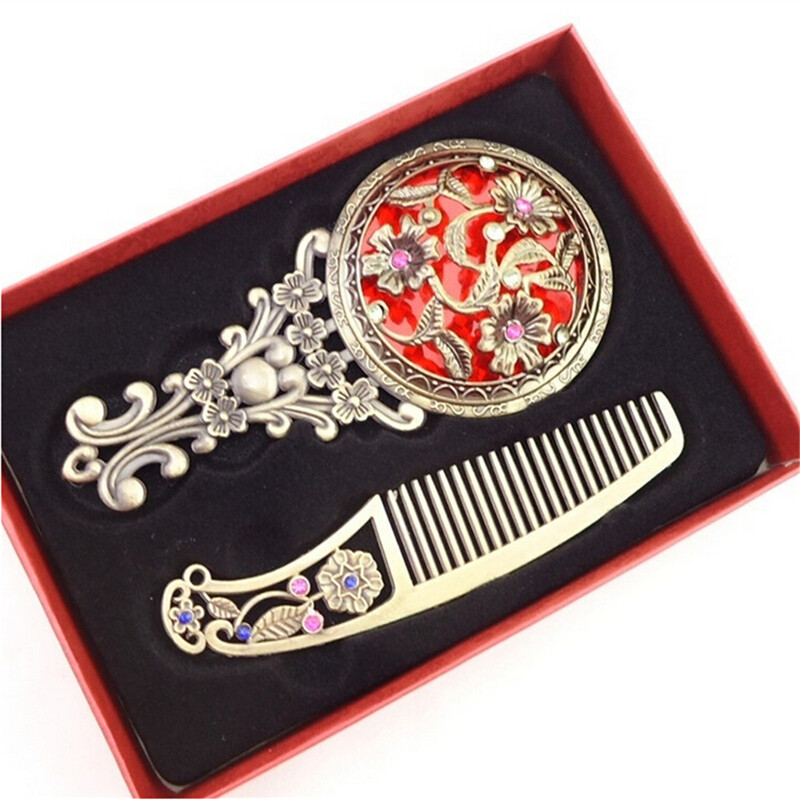 2PCS Bronze Handheld Mirrors Hollow Cosmetic Compact Mirror Comb Set ...