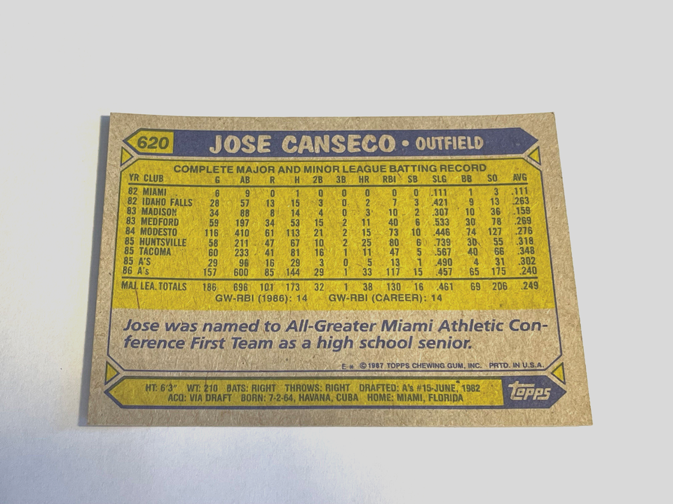 RARE 1987 JOSE CANSECO TOPPS MULTIPLE DOUBLE-OFF CENTER ERROR CARD ...
