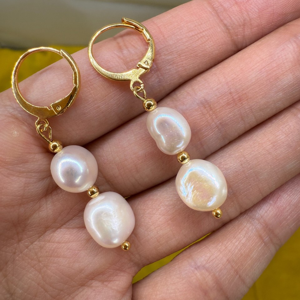 Natural Freshwater Pearl Earrings 14K Gold Plated Beaded Handmade ...
