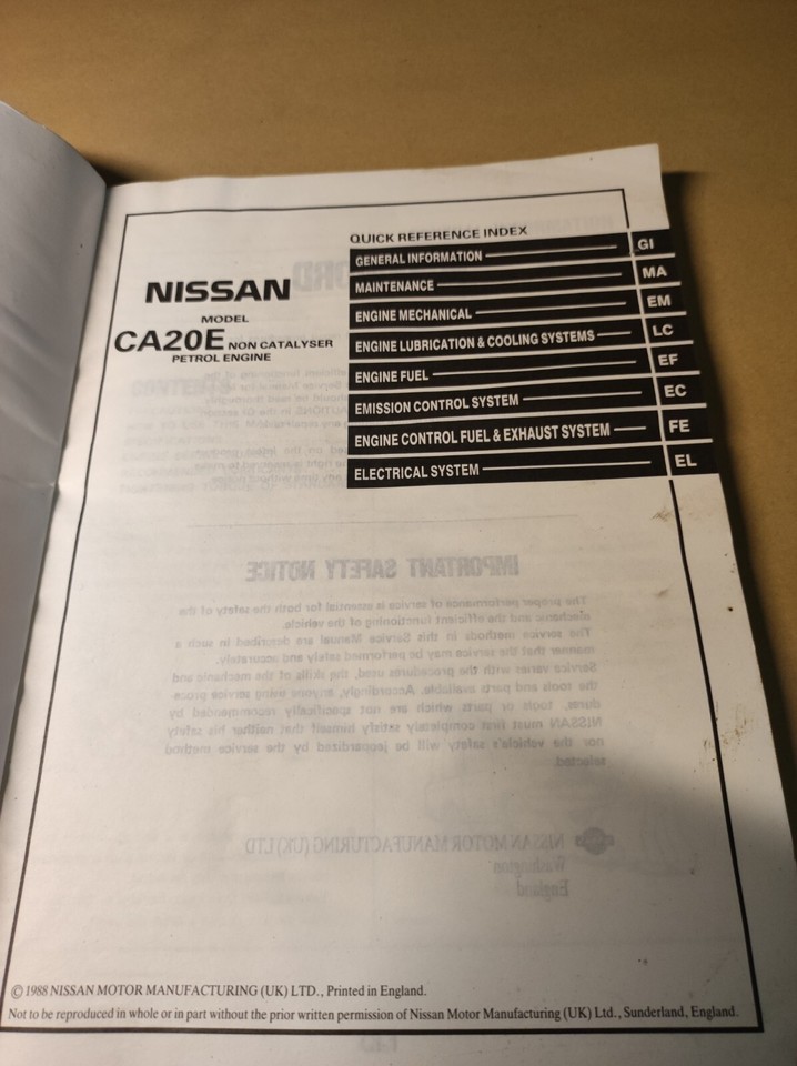 Nissan CA20E Non Catalyser Petrol Engine Service Manual Book T12 T72 ...