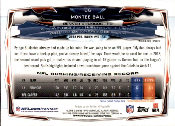 Monte Ball 2014 Topps Chrome Orange Refractor #66 Parallel Denver ...