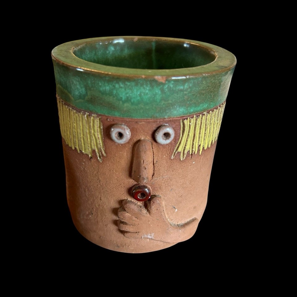 Vintage Baylor Signed Art Redware Pottery Happy Funny Face Planter ...