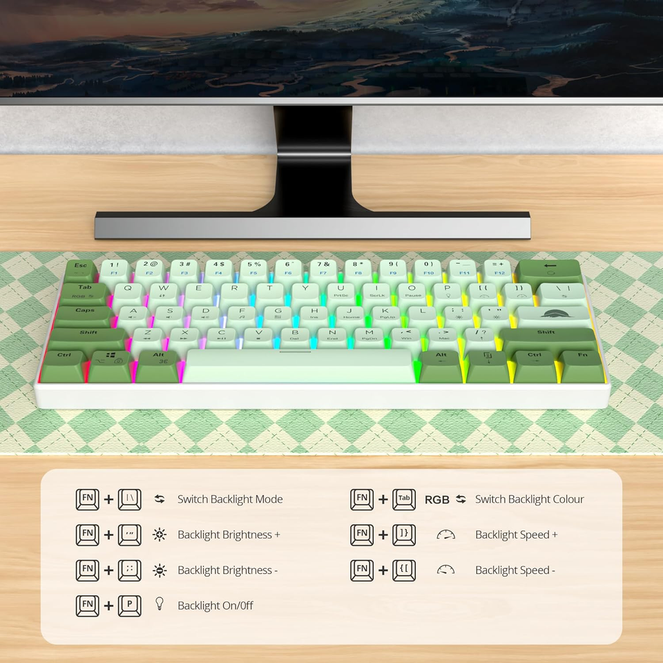60 Percent Gaming Keyboard Green Matcha Keyboard 61 Keys Wired ...