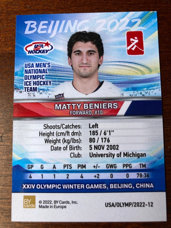 2022 BY Cards Matty Beniers Beijing Olympics Team USA Kraken | eBay