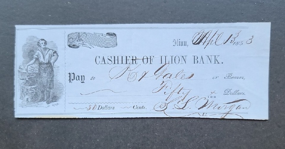 1853 Cashier Of Ilion Bank $50 Check Beautiful Script Calligraphy Quill ...