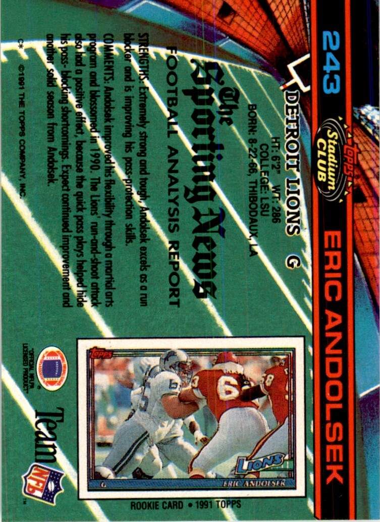 1991 Stadium Club Eric Andolsek . Detroit Lions #243 | eBay