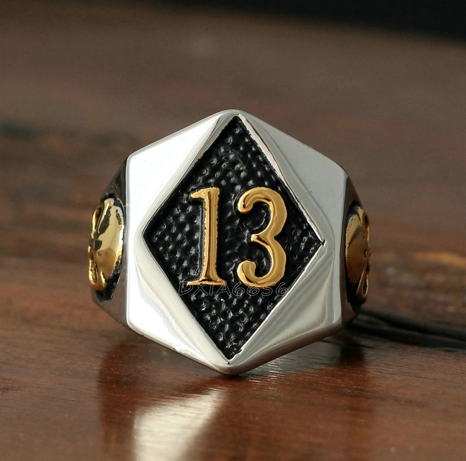 Men's Lucky Good Luck Number Gothic Skull Numeral 13 Biker Stainless ...