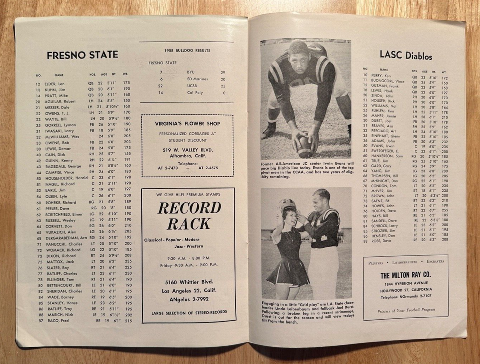 Los Angeles State Diablos 10/25/1958 NCAA football program vs Fresno ...