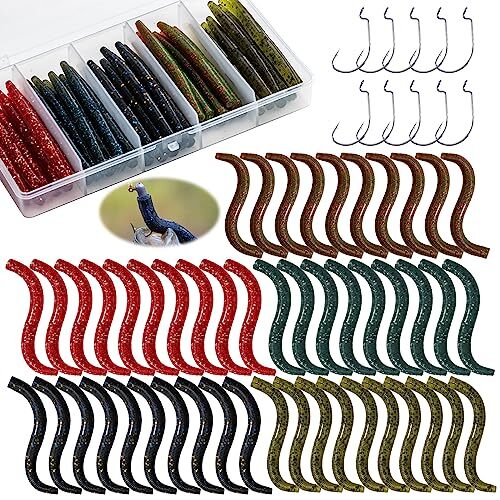 Wacky Worm Fishing Lure Kit, Bass C-50pcs 3" Wacky Worms &10pcs Hooks ...