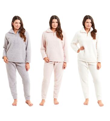 Womens Zip Teddy Fleece Pyjama Set Fluffy Cosy Pyjamas Loungewear Sets ...