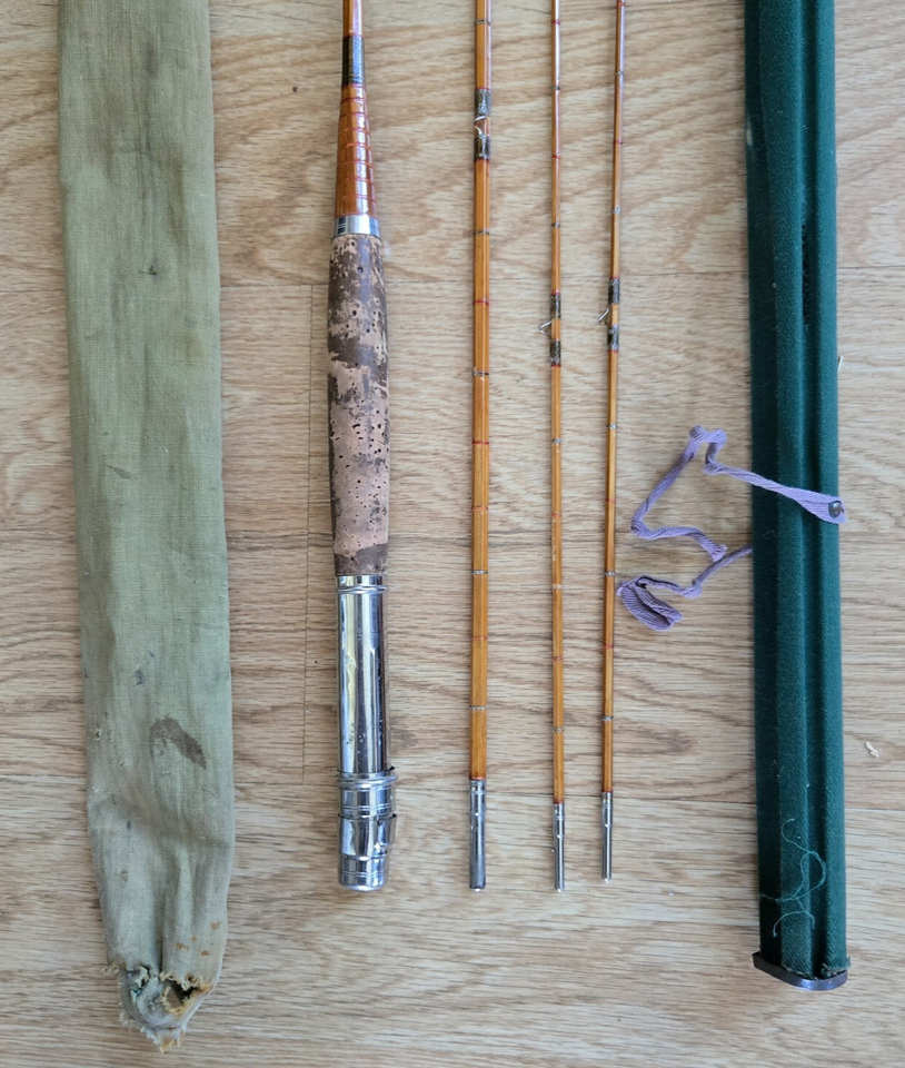 Vintage split bamboo , 3 pieces fly rod, approx 8' 3". With channeled ...