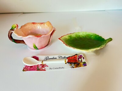 Corner Ruby Teacup Garden Collection Rose 3 Pc Set Leaf Saucer & Bee ...