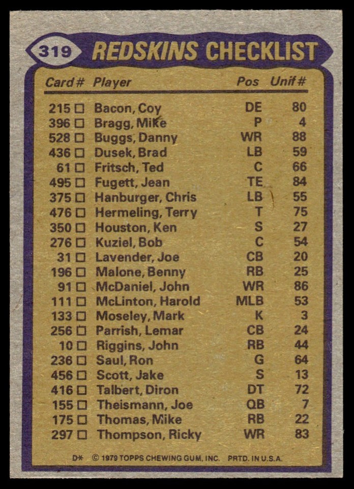 1979 Topps John Riggins/John McDaniel/Jake Scott/Coy Bacon Washington ...