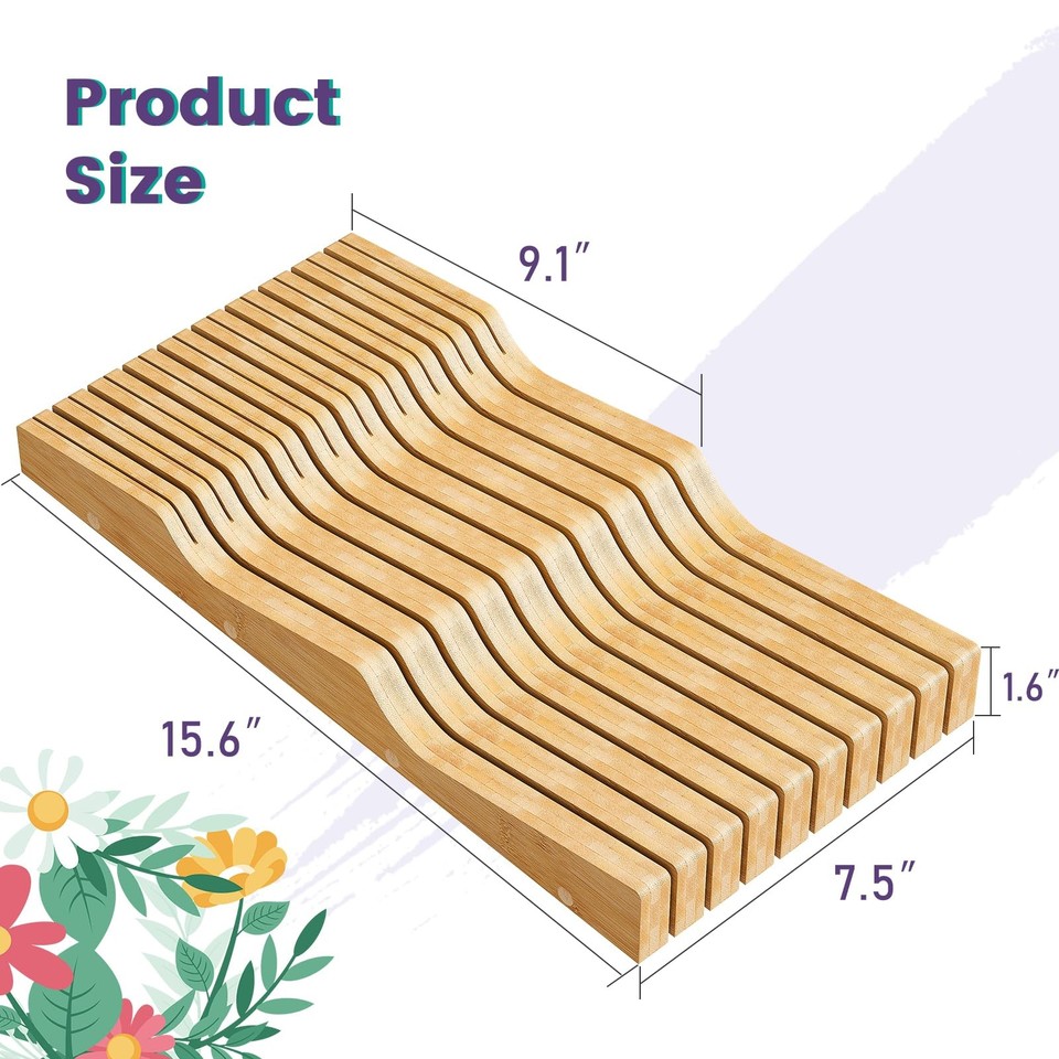 Bamboo In-Drawer Knife Block for 19 Knives(Not Included), Knife Drawer ...